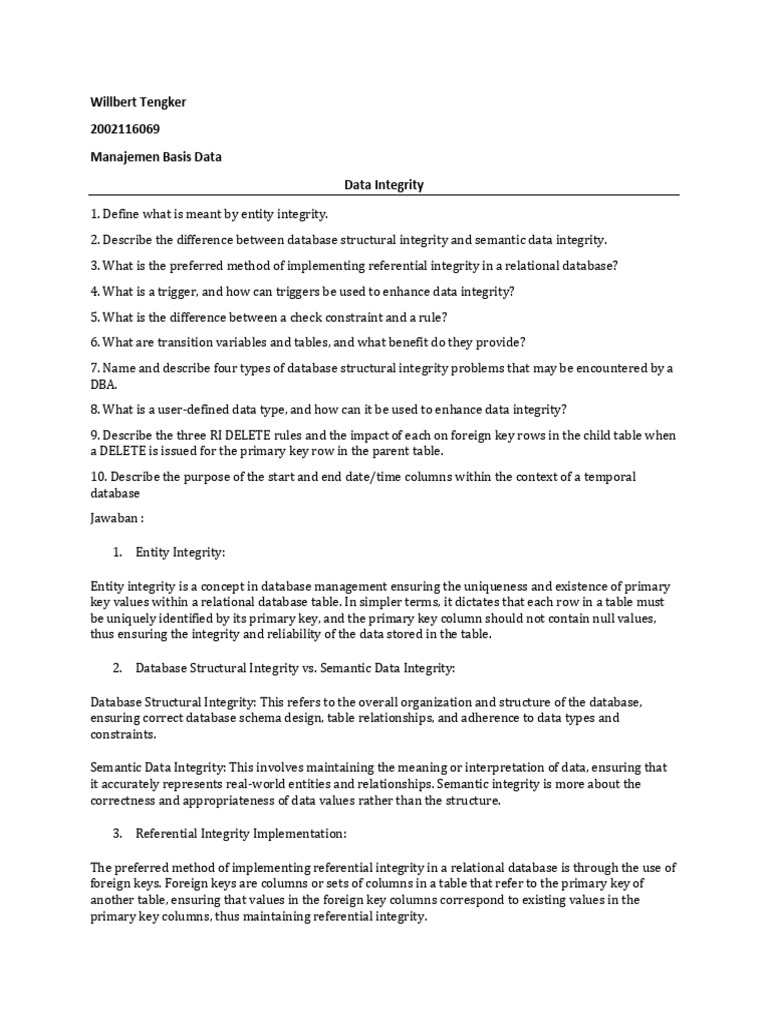 Data Integrity Willbert Tengker 20021106069 | PDF | Relational Database | Software Design