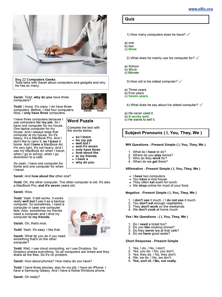 Elllo Beg 22 - Sarah John - Computer Geeks - Subject Pronouns - Answers ...