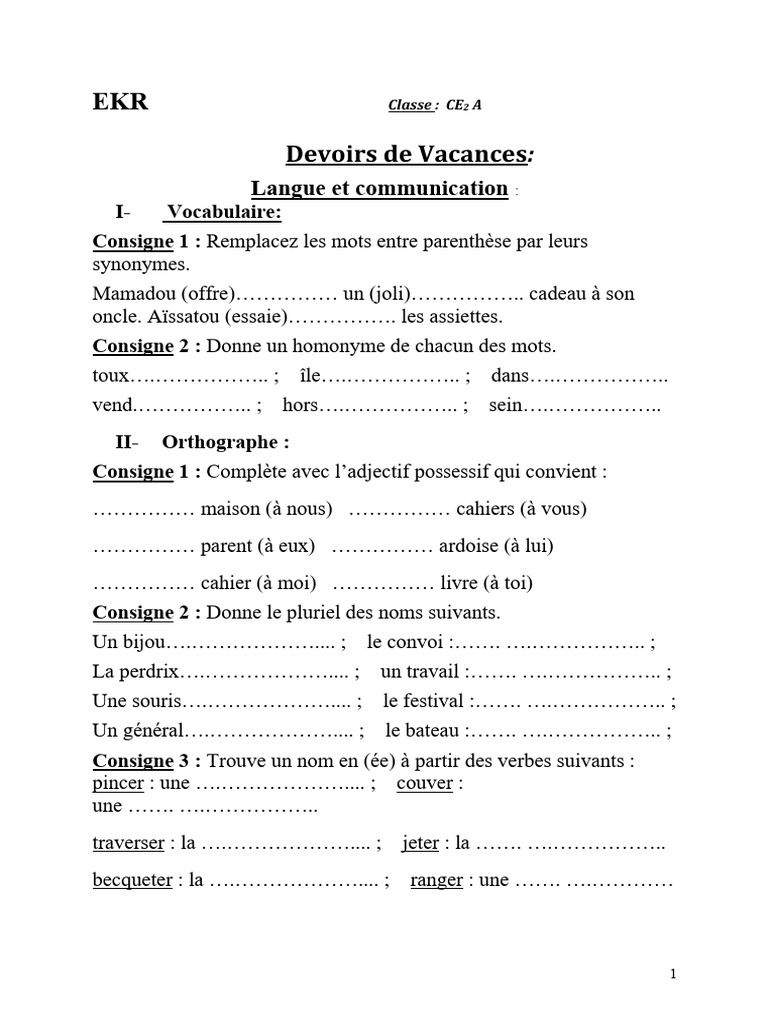 Devoirs de Vacances CE2 A | PDF | Mécanique du langage | Syntaxe