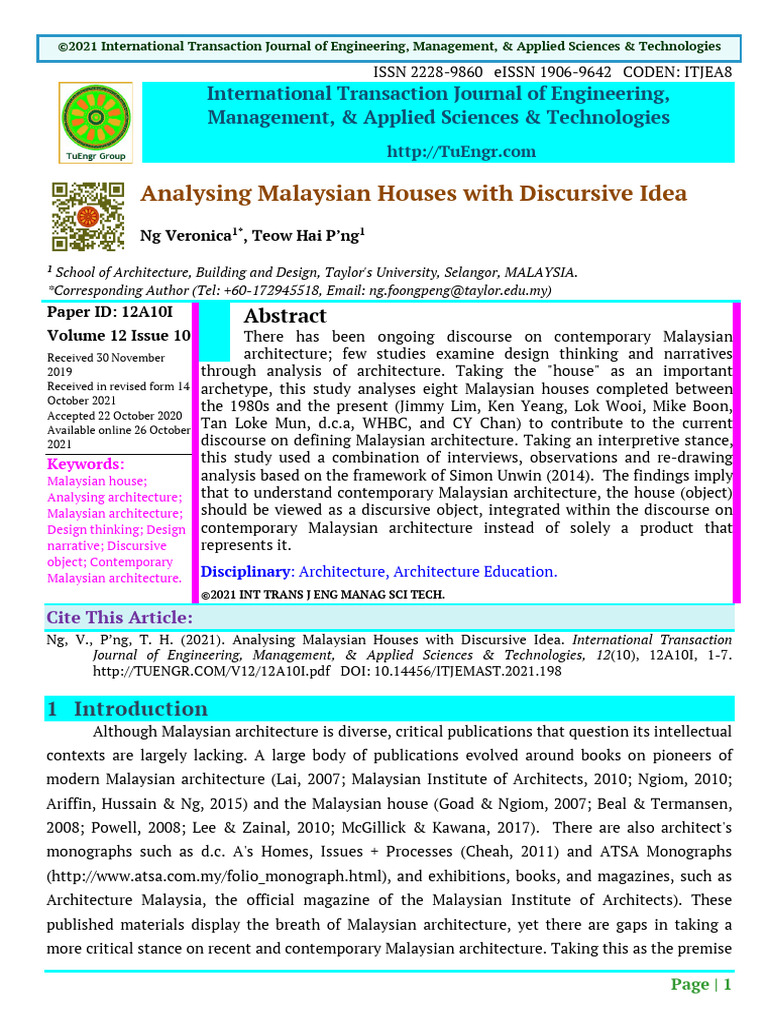 Analysing Malaysian Houses With Discursive Idea | PDF | Discourse | Space