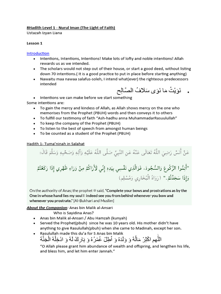 Hadith Lessons on Intentions and Prayer | PDF | Prophets And Messengers ...