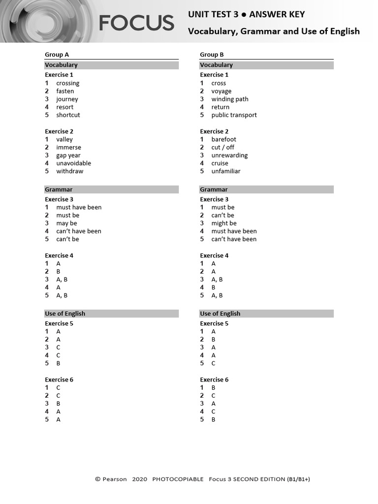 Focus3 2E Unit Test Vocabulary Grammar UoE Unit3 GroupA B ANSWERS | PDF