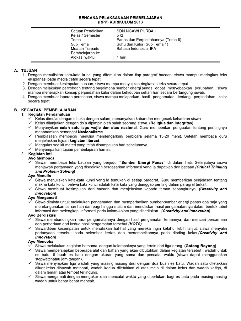 Contoh RPP Sesuai SE Mendikbud No. 14 Tahun 2019 | PDF