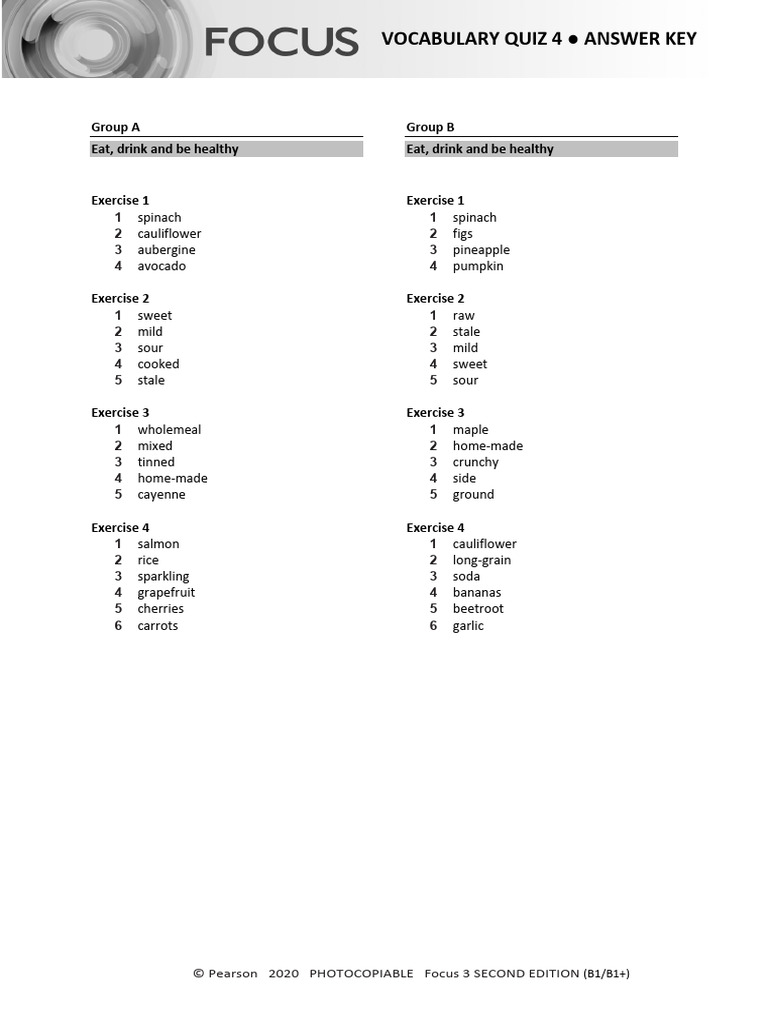 Focus3 2E Vocabulary Quiz Unit4 GroupA B ANSWERS | PDF