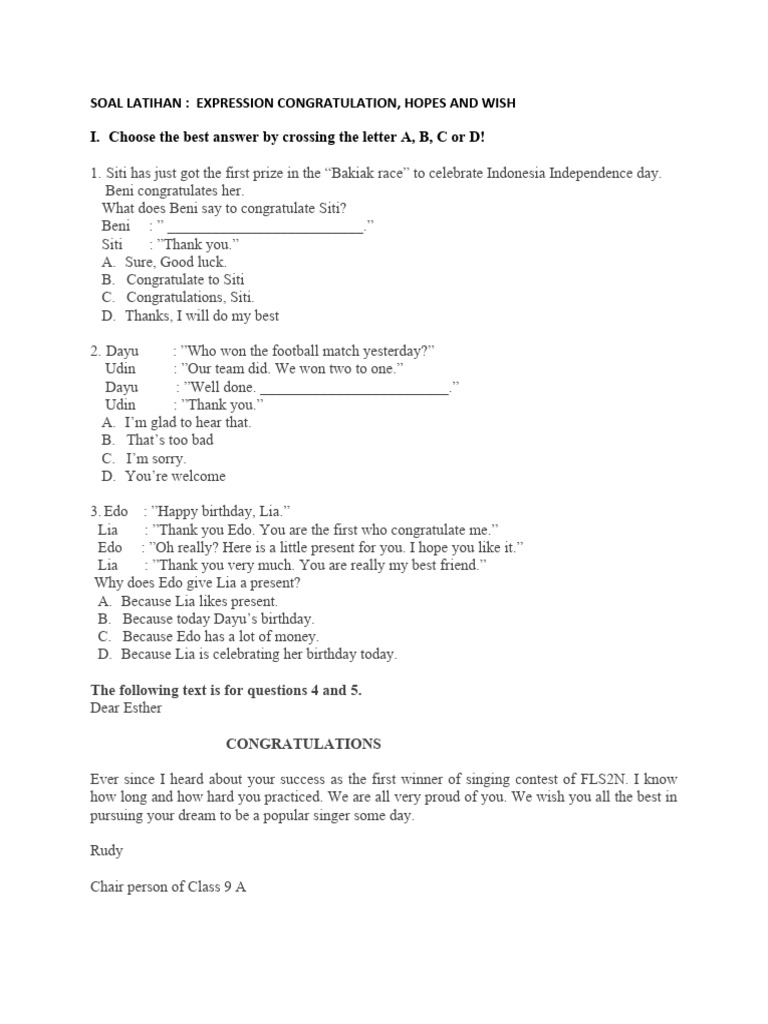 Soal Latihan Expression Congratulation, Hopes and Wish | PDF | Travel
