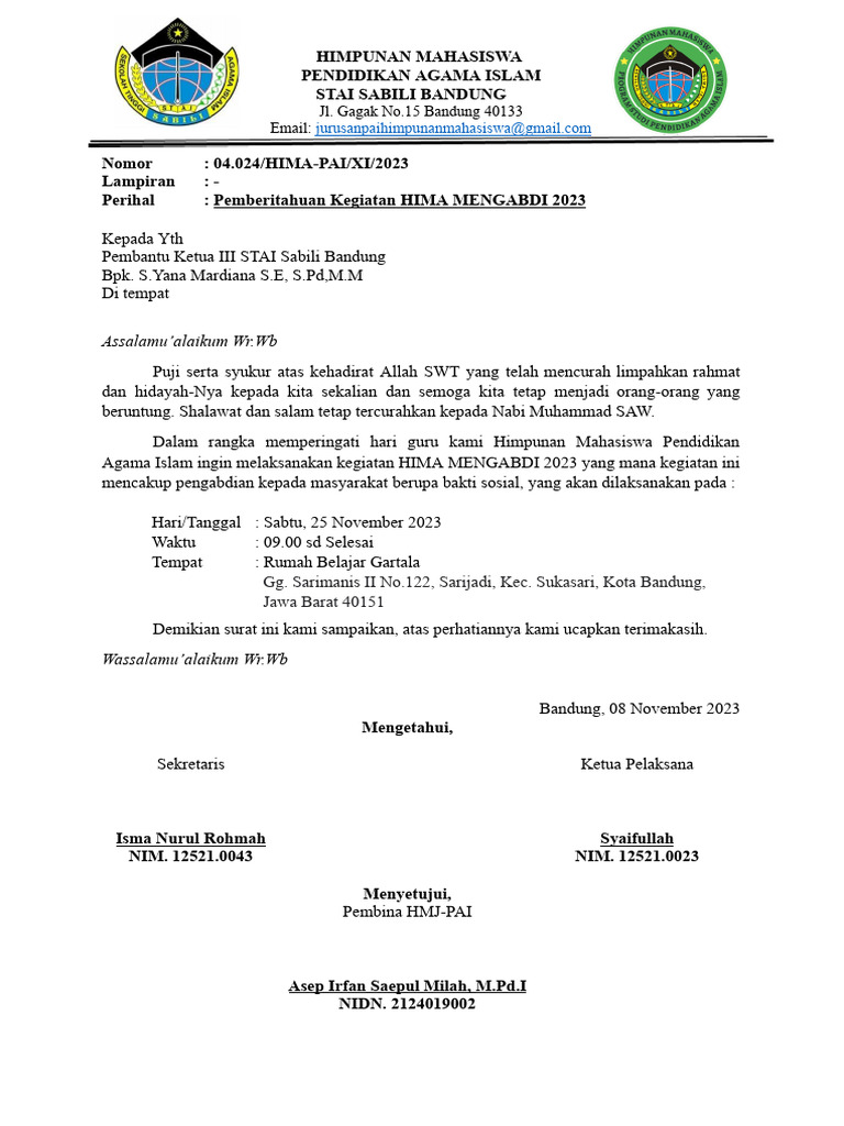 Surat Pemberitahuan Hima Mengabdi 2023 | PDF