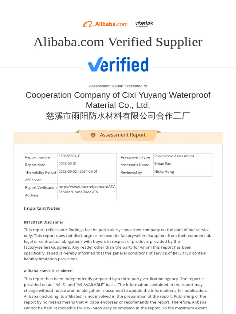 Supplier Assessment Report-Cooperation Company of Cixi Yuyang ...