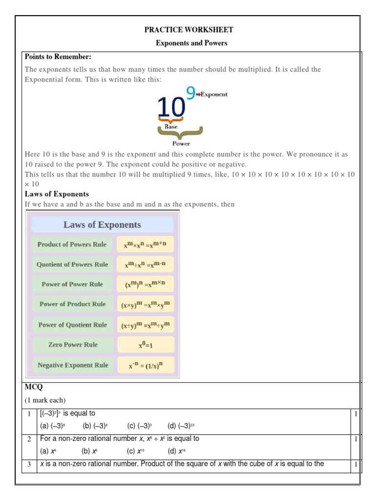 Exponents and Powers Practice Worksheet | PDF | Exponentiation | Prime ...