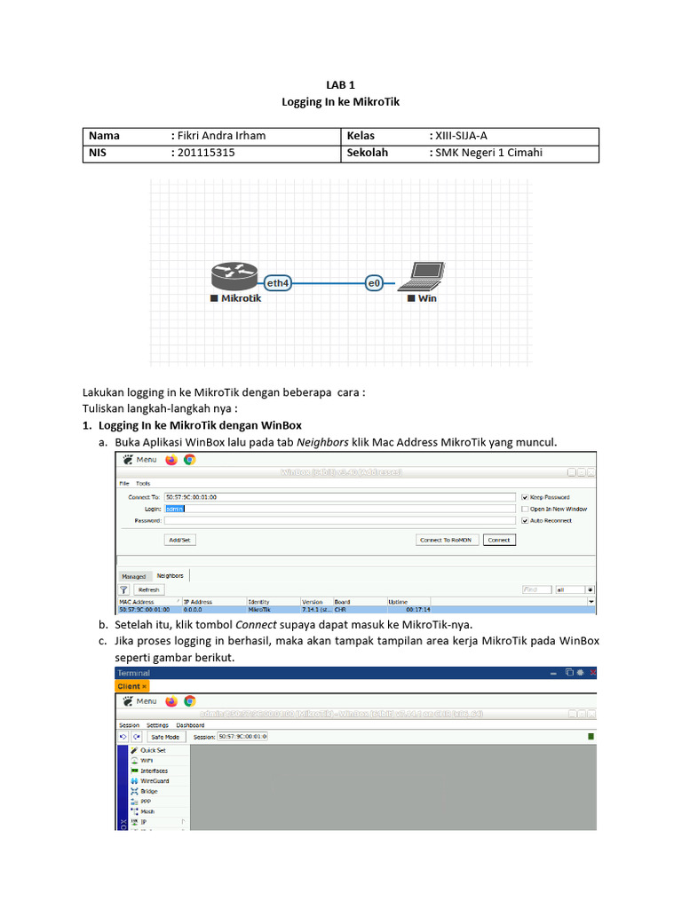 LAB 1-Logging in Ke Mikrotik-Fikri Andra Irham | PDF | Bisnis | Komputer