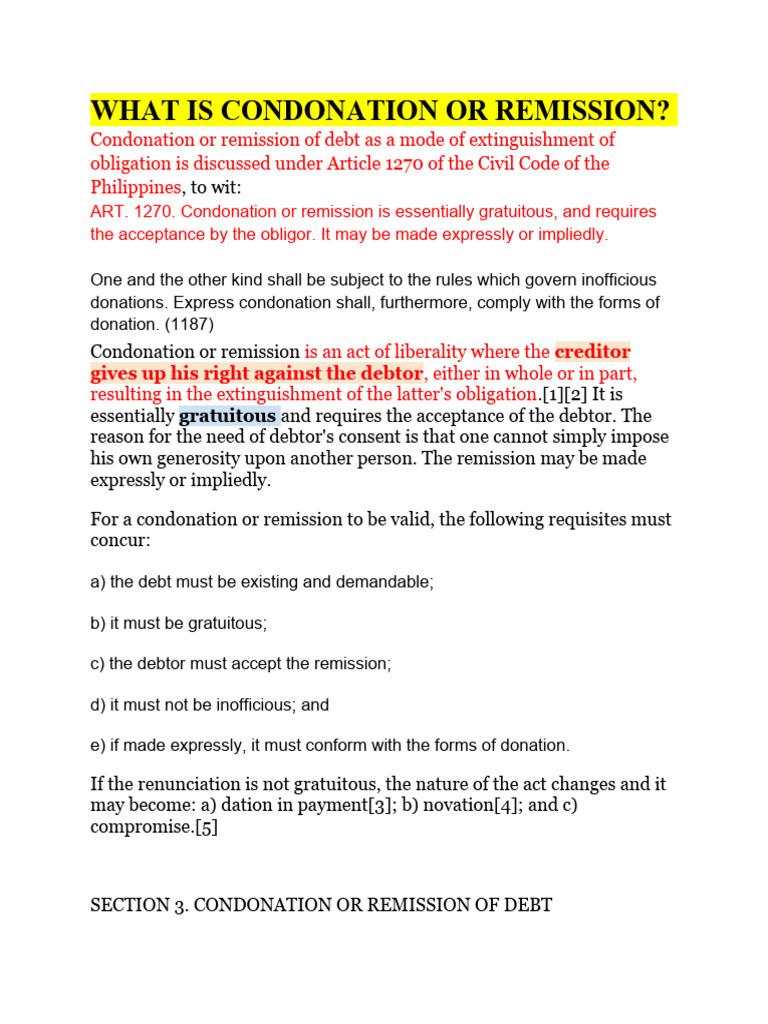 Condonation and Remission of Debt Explained | PDF | Guarantee | Common Law