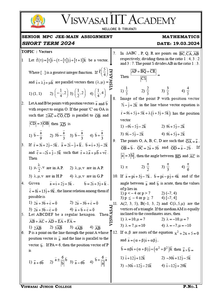 Maths Assignments Vectors Final | PDF | Euclidean Geometry | Algebra