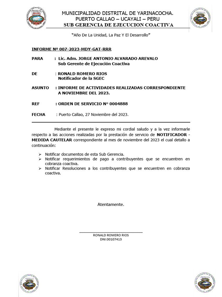 INFORME DE PAGO + CONFORMIDAD 2023 | PDF | Gobierno