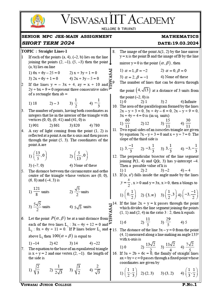 Maths Assignments Straight Lines-1 | PDF | Geometry | Elementary Geometry