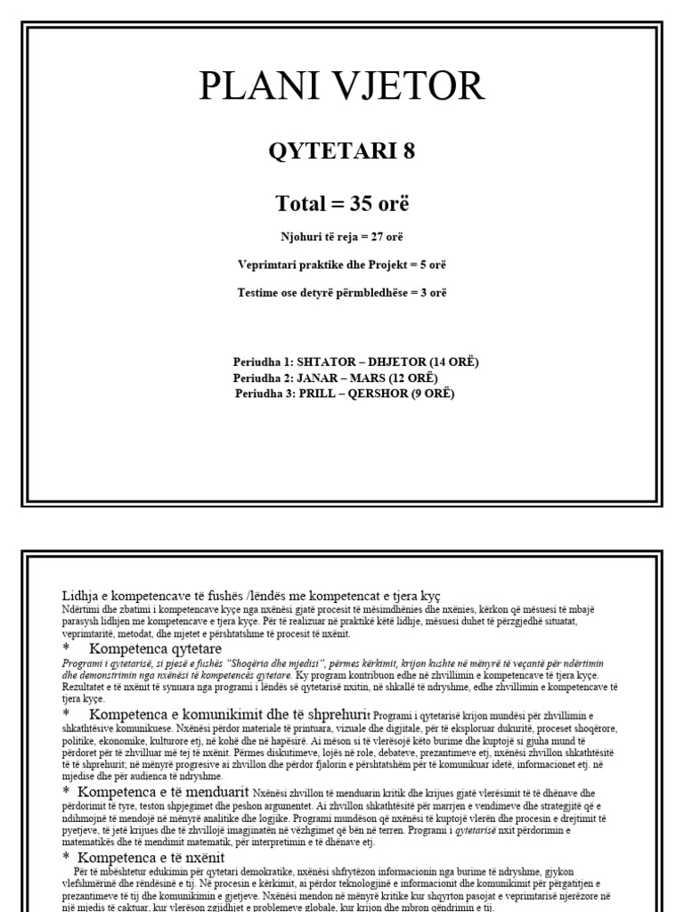 Qytetari 8 Plani Mesimor 2022 2023 Okdiis | PDF