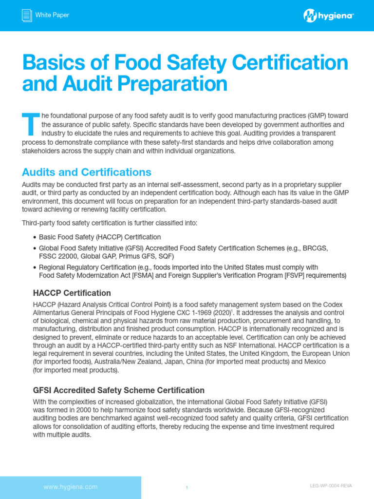 Basics of Food Safety Certification and Audit Preparation | PDF
