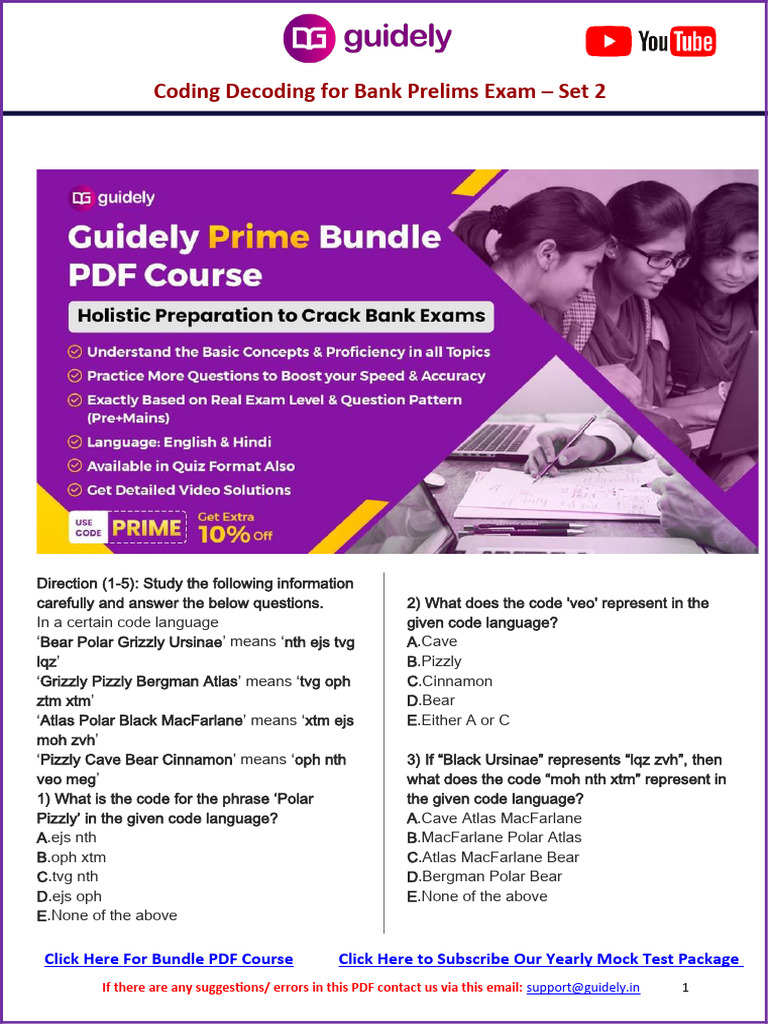 Coding Decoding Free PDF For Bank Prelims Exam Set 2 English Version | PDF | Educational ...