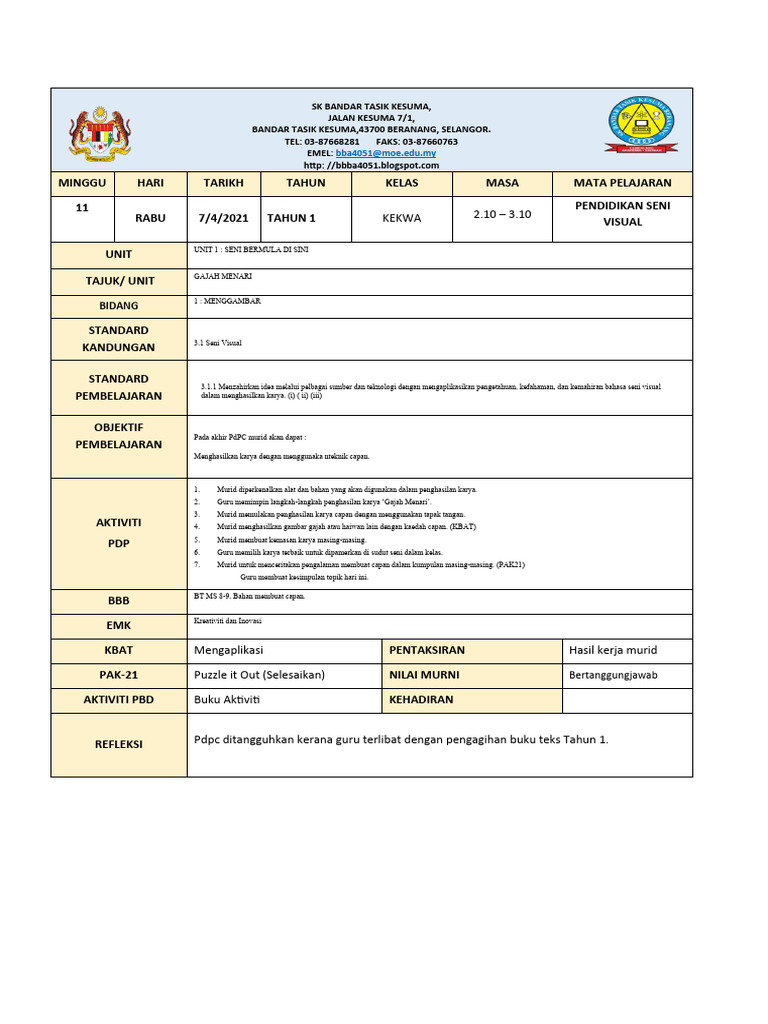 Contoh RPH Seni Visual Tahun 1 | PDF