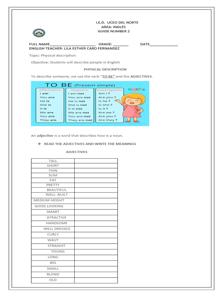Guia de La Descripcion Fisica Grado 7 Liceo Del Norte | PDF | Hair ...