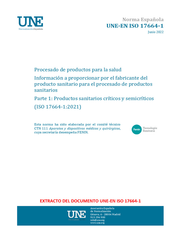 (Ex) Une-En Iso 17664-1 2022 | PDF | Dispositivo médico | Organización internacional para la ...