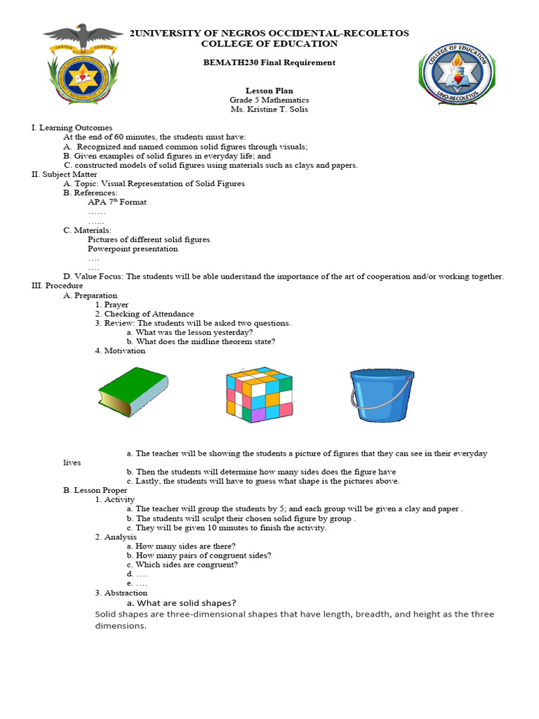 BEMATH230 - Sample Lesson Plan - Format | PDF | Shape | Euclidean Plane ...