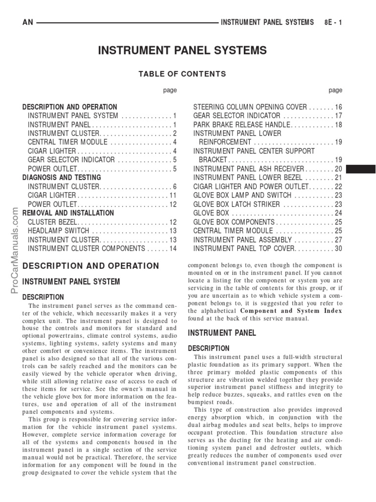 Dodge R1 Dakota 2000 Service Manual 8E Instrument Panel Systems | PDF ...