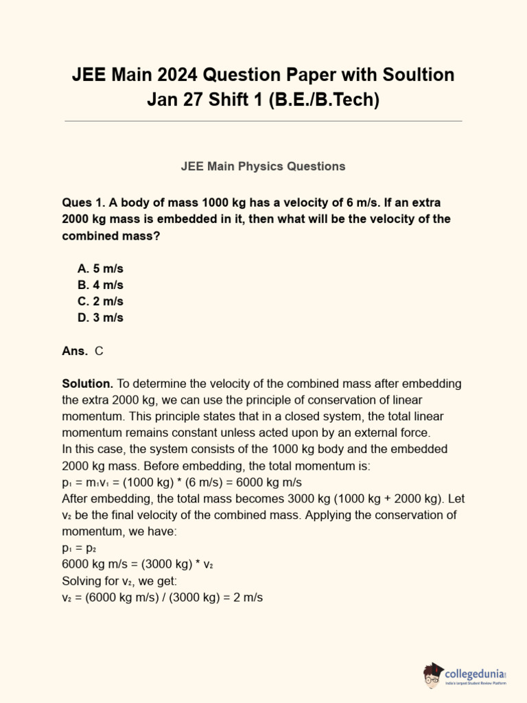 JEE Main 2024 Question Paper With Solution Jan 27 Shift 1 | PDF ...