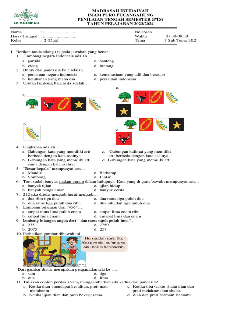 Soal PTS Kelas 2 Tema 1 Sub 1&2 | PDF