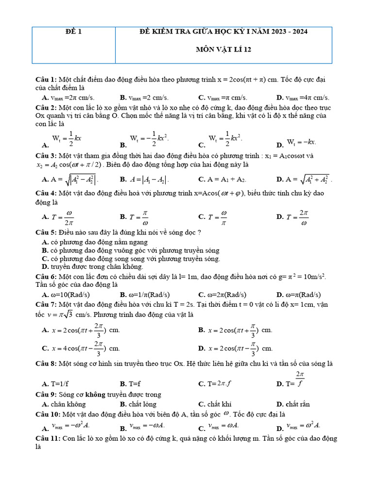 Bo de Thi GHK 1 Vat Li 12 Nam 2023 | PDF
