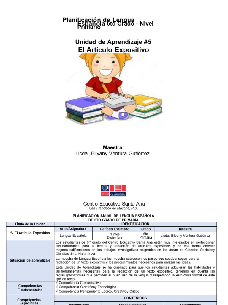 1 Planificacion de 6to Primaria Lengua Española Bilvany LISTA 1 | PDF ...