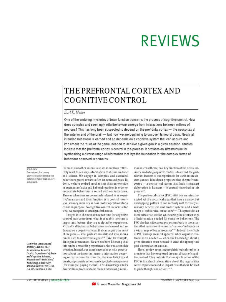 The Prefrontal Cortex - Miller, E.K. | PDF | Prefrontal Cortex | Executive Functions