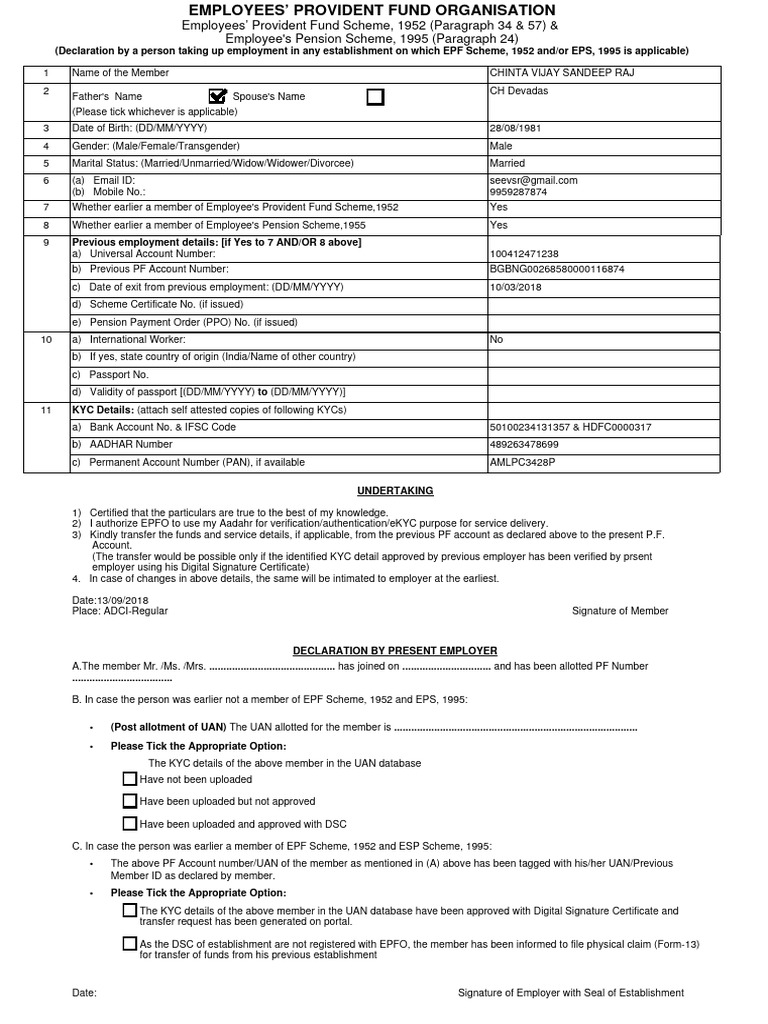 EPF & EPS Employment Declaration | PDF