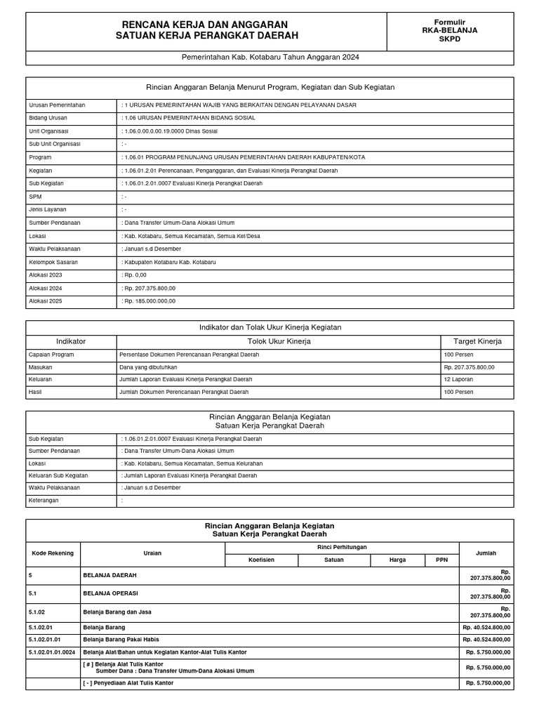 Sistem Informasi Pemerintahan Daerah - Cetak RKA Rincian Belanja 1.06.01.2.01.0007 Evaluasi ...