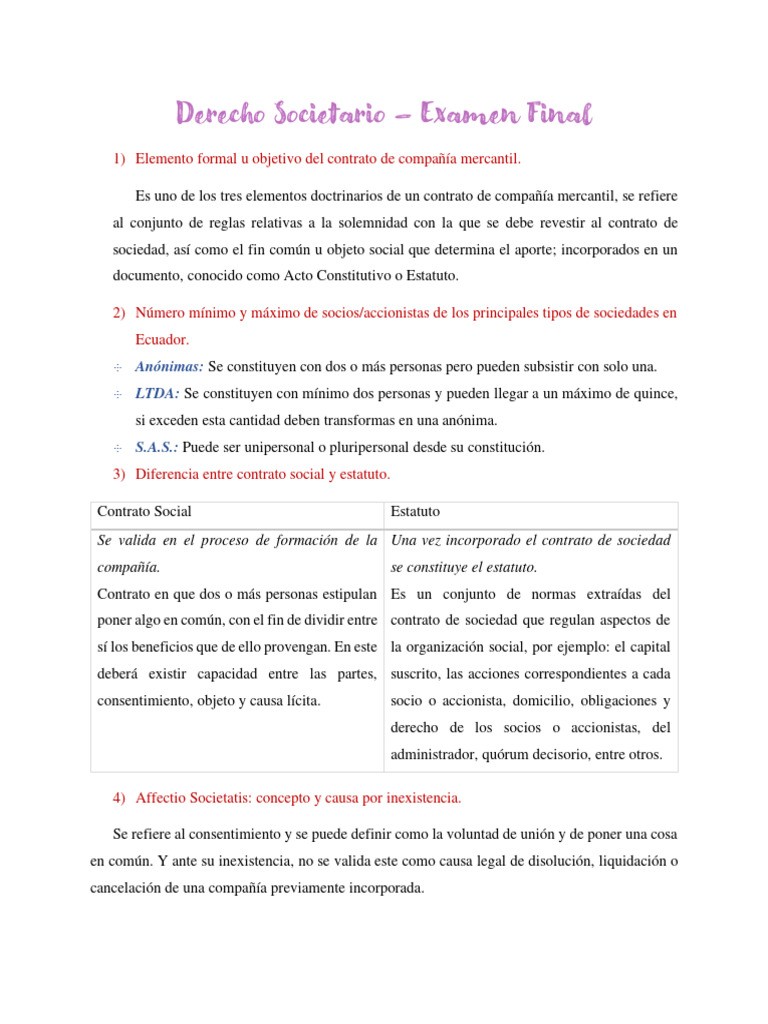 Derecho Societario - Examen Final (REPASO) | PDF | Sociedad de ...