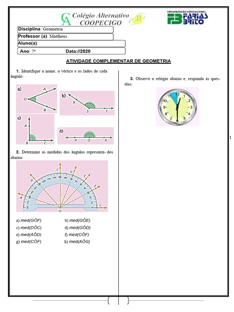 LISTA DE EXERCÍCIOS ângulos | PDF | Ângulo | Trigonometria