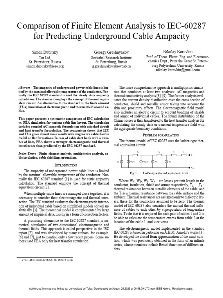 Comparison of Finite Element Analysis to IEC-60287 for Predicting Underground Cable Ampacity ...