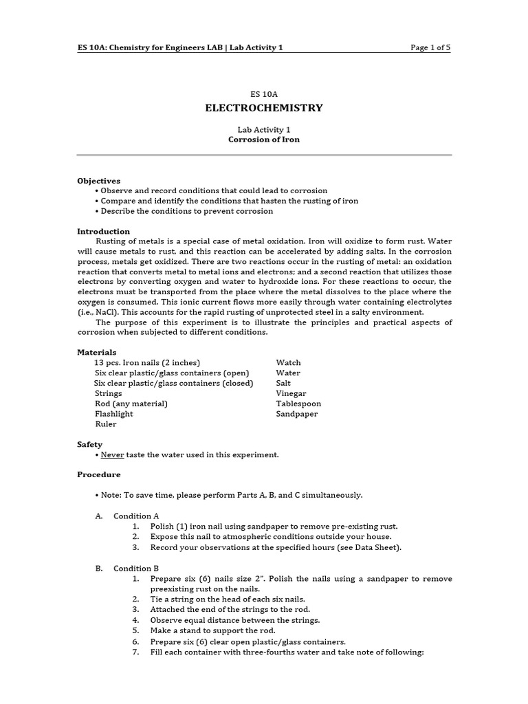 ES 10A Lab Act 1 Electrochemistry 1 PDF | PDF | Rust | Corrosion