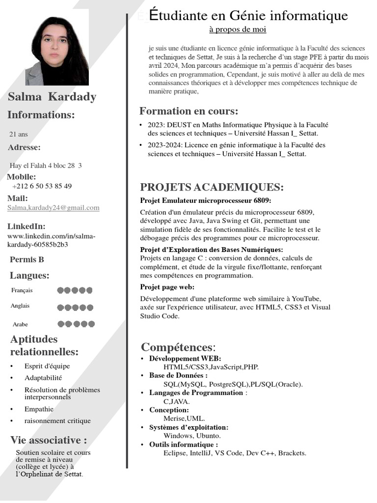 Étudiante en Génie Informatique à la recherche d'un stage | PDF | Java ...