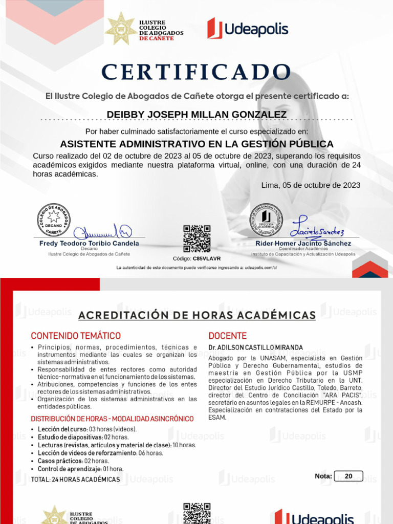 Certificado Asistente Administrativo - Deibby Millan | PDF