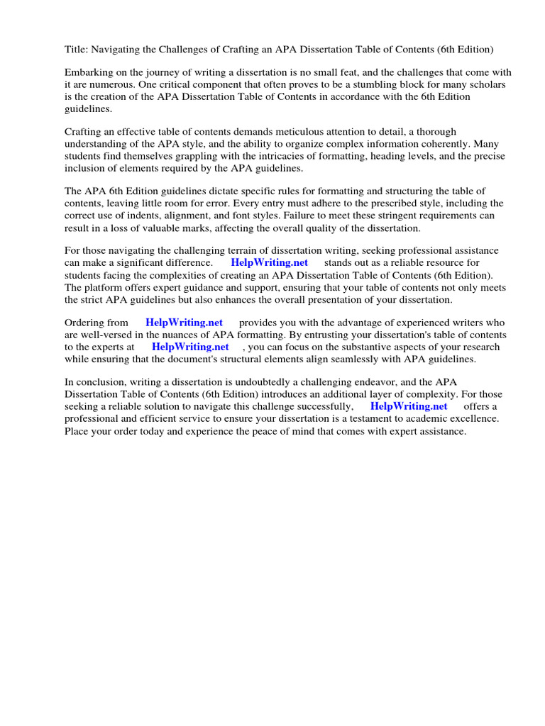 Apa Dissertation Table of Contents 6th Edition | PDF | Apa Style | Citation
