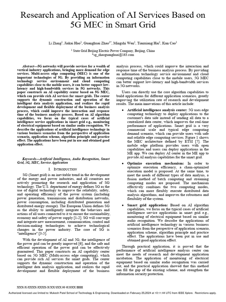 Research And Application Of Ai Services Based On 5g Mec In Smart Grid Pdf Smart Grid