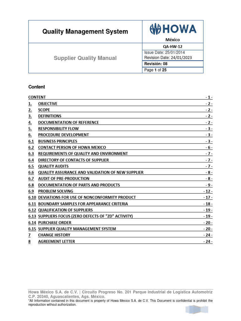 Howa Mexico Supplier Quality Manual | PDF | Audit | Quality Management