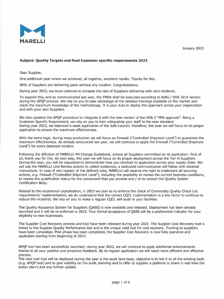 MARELLI - Supplier Target Letter 2023 - Signed | PDF | Supply Chain
