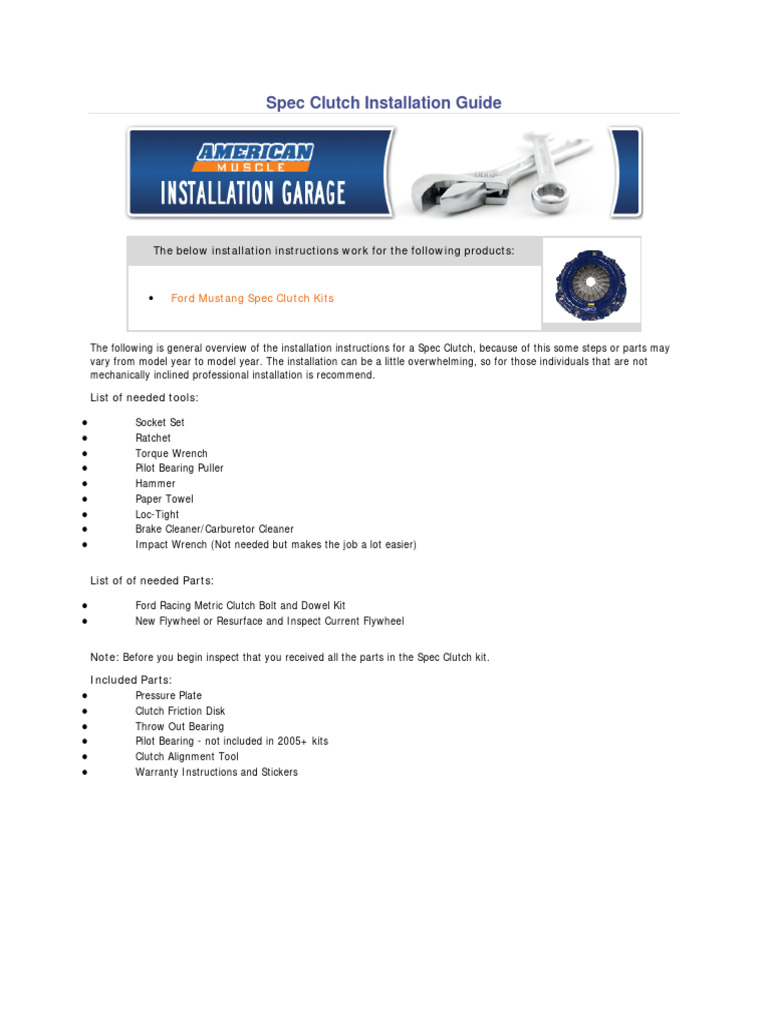 Spec Clutch Installation for Mustang | PDF | Clutch | Mechanical ...