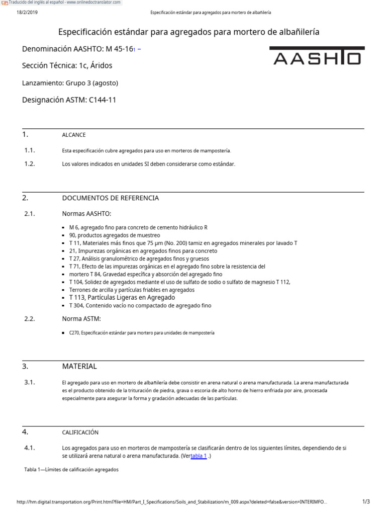Especificación AASHTO M 45 para Mortero | PDF | Mortero (Albañilería ...