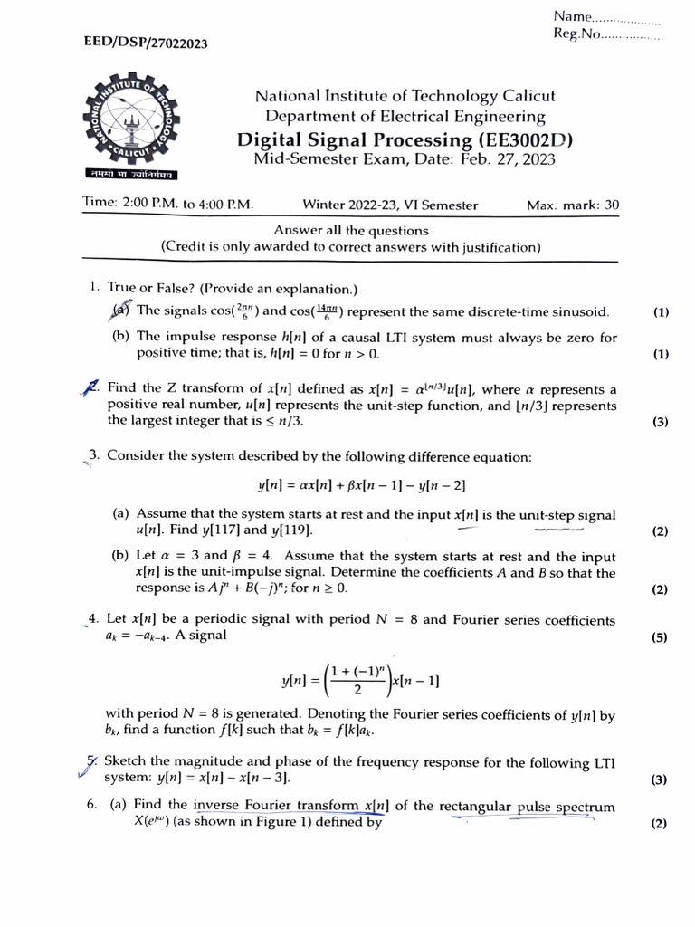 DSP Mid and End Question Paper | PDF | Digital Signal Processing | Fourier Transform