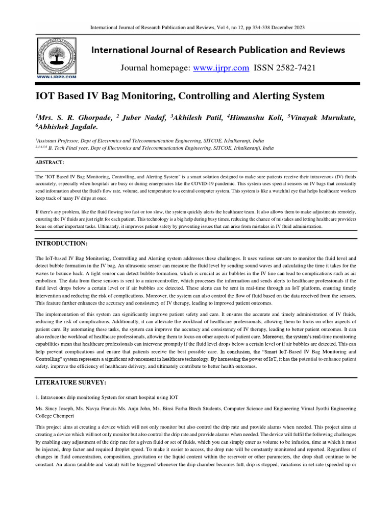 IOT Based IV Bag Monitoring, Controlling and Alerting System | PDF ... IOT Based IV Bag Monitoring, Controlling and Alerting System | PDF ...