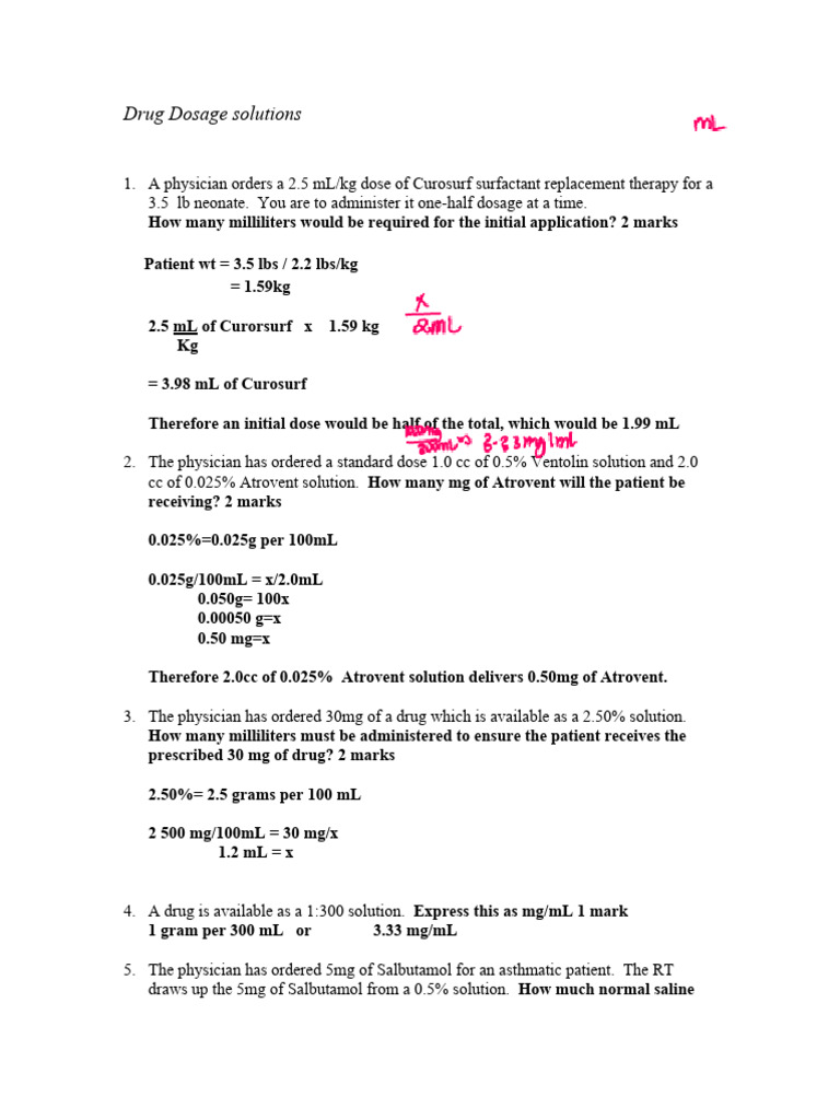 Drug Dosage Solutions | PDF | Dose (Biochemistry) | Chemistry
