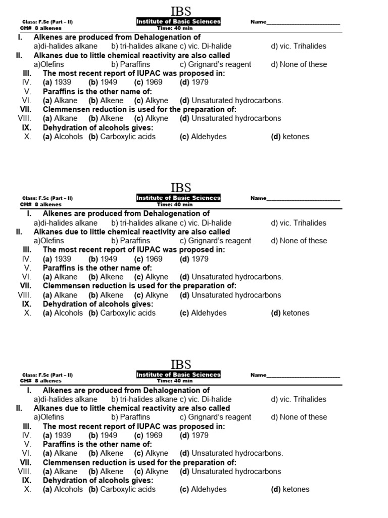 Test No 2 Chap 8 Alkanes Alkenes Pdf Alkene Alkane