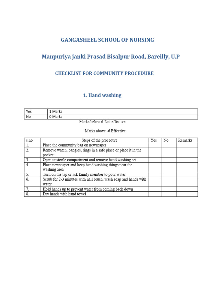 Checklist of Community Procedure | PDF | Injection (Medicine) | Hand ...