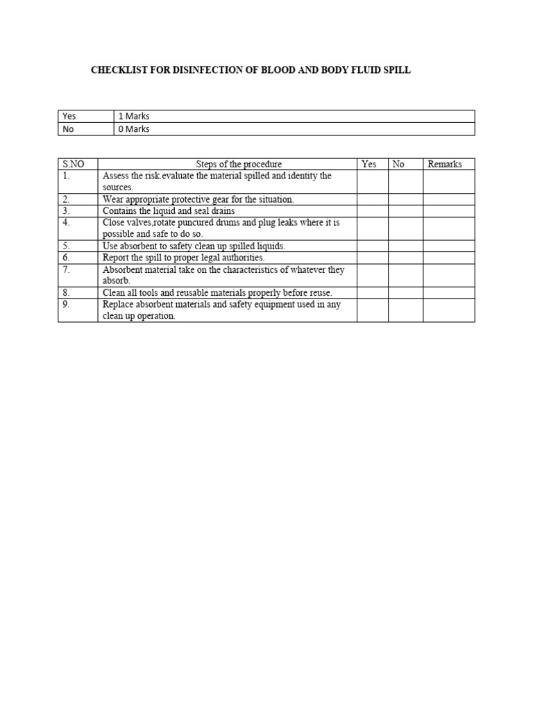 Blood Spill Disinfection Checklist | PDF